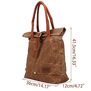 TOURBON Canvas and Leather Roll-top Clip-On Bicycle Panniers Women's Shoulder Tote Bag (Brown)