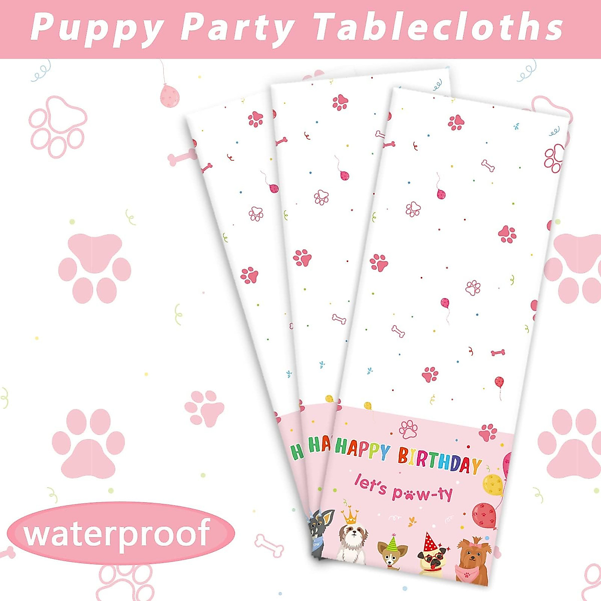 3 Pack Dog Birthday Party Decorations Pet Dog Tablecloths Puppy Table Covers Pink Dog Party Supplies Paw Print Table Decor for Girls Kids Lets Pawty Birthday Baby Shower Party Favor 54 x 108 Inch