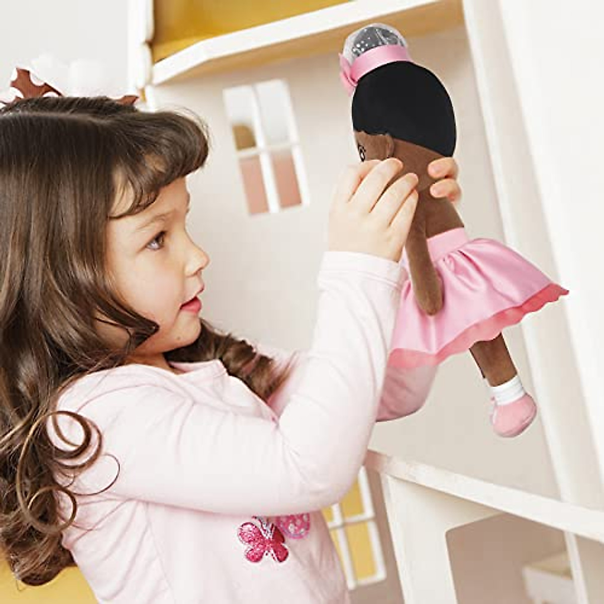 Maxshop Plush Dolls 17'' First Baby Doll for Kids Super Soft Plush Toy (Pink Dress Princess Black Doll)