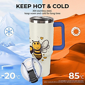 FHENMSA 40 Oz Insulated Coffee Mug Tumbler with Handle,Bee Love Honey Print Insulated Tumbler,Stainless Steel Travel Mug with Lid And Straw