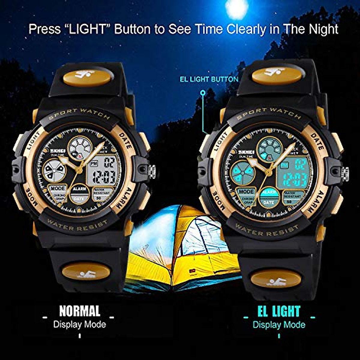 Kids Waterproof Watch Boys Girls with alarm, Digital Sports Waterproof Watch for Kids Birthday Presents Gold Gifts Age 5-16 Boys Girls Children Young Teen Outdoor Electronic Watches Alarm Stopwatch