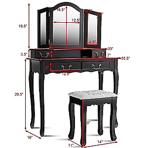 KJNS Vanity Set Makeup Dressing Table Tri Folding Mirror Stool 4 Drawers Black Vanity Desk Makeup Vanity Side Tables Bedroom Vanity Table Portable Desk Vanity Set