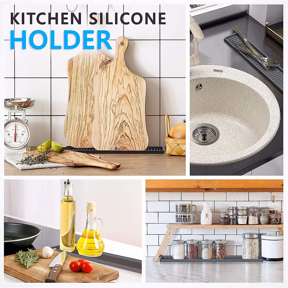 ZAPPOWARE Kitchen Sink Narrow Silicone Holder Tray 18"x3.1", Vanity & Bathroom Organizer, Bar Coffee Service Mat, Gray