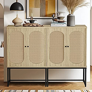 Lamerge Natural Rattan Cabinet Set of 2,Sideboard Buffet Cupboard Accent Cabinet with 2 Door,Adjustable Shelves,Free Standing Bookmatch,High Cabinet,RusticOak Beige