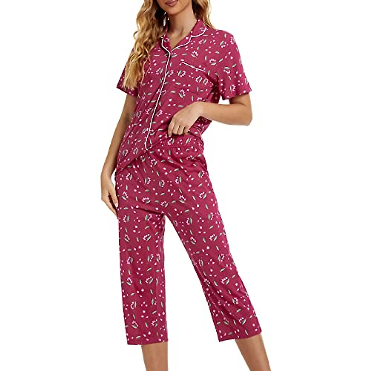 Tugege Capri Pajamas Set Womens Button Down Short Sleeve Lounge Sets Sleepwear Notch Collar Top & Capri 2 Piece PJ Sets (Red Floral, 3X-Large)
