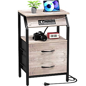 SZLHANJZ Storage End Table, Charging Nightstand with 2 Drawers, Small Fabric Dresser for Bedside, Wood and Metal Side Table for Living Room, Dorm, Grey Oak