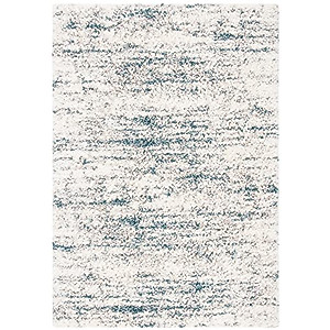 SAFAVIEH Fontana Shag Collection 6'7" x 9' Ivory / Teal FNT873A Modern Non-Shedding Living Room Bedroom Dining Room Entryway Plush 2-inch Thick Area Rug