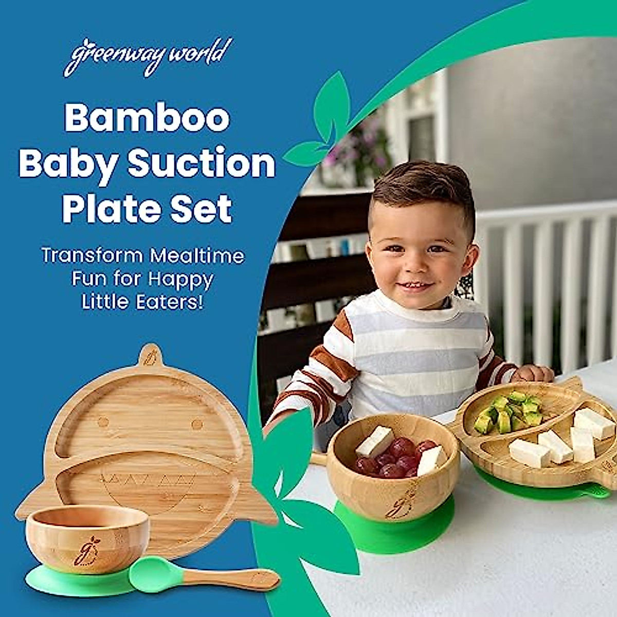 Greenway World - Baby Suction Bowls and Plates Set, Bamboo Plates for Kids with Suction Bowls for Baby and Silicone-Covered Wooden Spoons for Eating, Portable Baby Eating Supplies, Shark Design