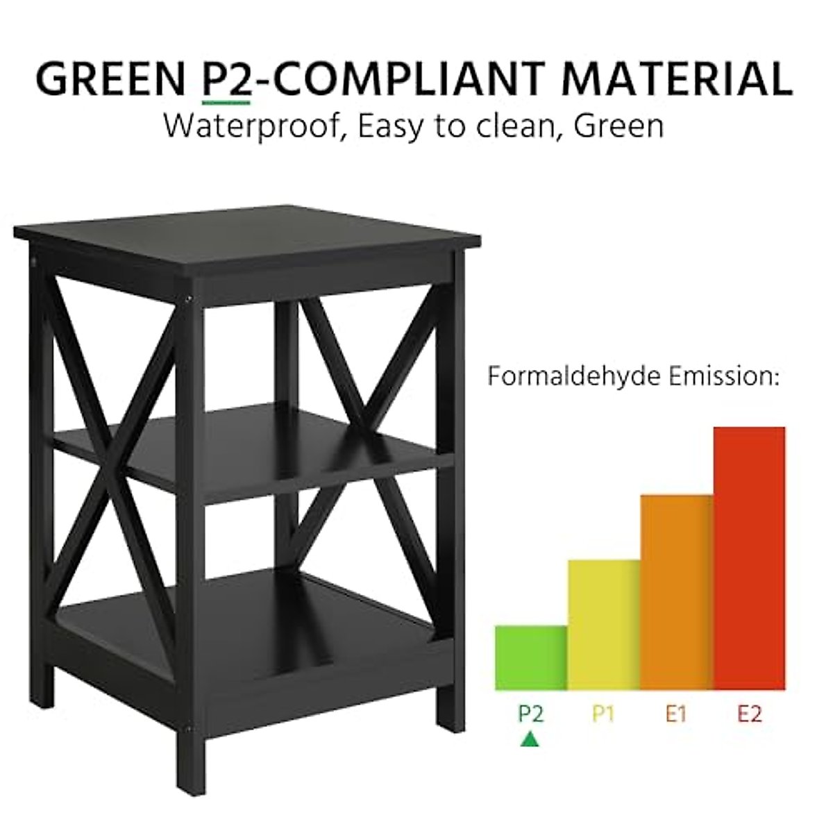 Yaheetech Black End Table Set of 2, 16x16x24 in Sturdy 3-Tier Side Tables with Storage Shelf & Solid Wood Legs, 2Pcs X-Design Modern Sofa Side Table for Living Room Office, Easy Assembly