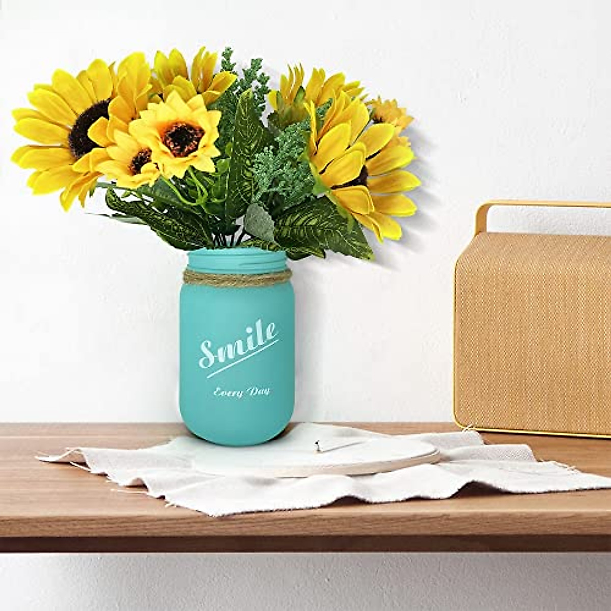 FADALO ART Mason Jar Decor Fake Flower Sunflowers Centerpieces for Dining Room Table Decorations for Living Room Rustic Farmhouse Decor Coffee Table Decor, Teal Blue#01
