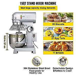 Happybuy 15Qt Commercial Food Mixer with Timing Function， Commercial Mixer 500W Stainless Steel Bowl Heavy Duty Electric Food Mixer Commercial with 3 Speeds Adjustable, Perfect for Bakery Pizzeria