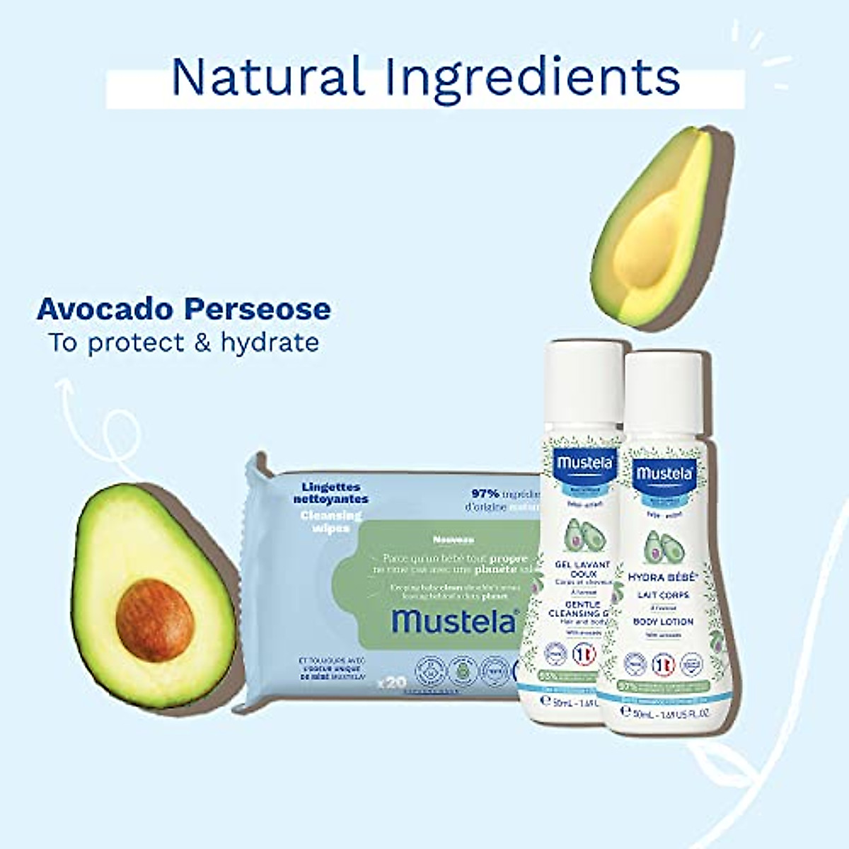 Mustela Bebe On-The-Go Travel Set - Baby Skin Care & Bath Time Gift Set - Natural & Plant-Based - 3 Items Set - Packaging may vary