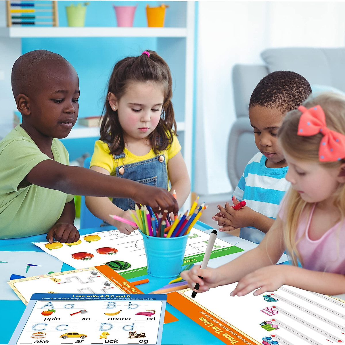 Preschool Learning Activities Educational Games, Busy Book-Learn Alphabet Number Line Tracing Drawing with 16 Activity Mats 4 Markers Montessori Toys For Toddlers Homeschool Supply Ideal Gift For Kids