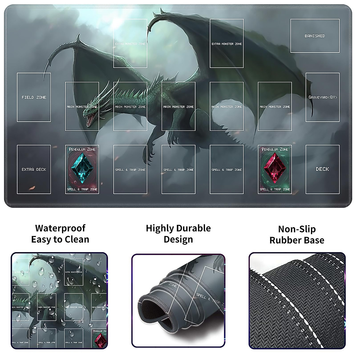 Playmat for OCG, Game Play Mat for TCG CCG 24 x 14 inch with Non-Slip Rubber Base and Stitched for Board Games and Table Magic, Green Dragon