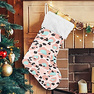 Kigai Christmas Stockings Pink Leopard Spots Large Candy Stockings Stuffers Kids Cute Xmas Sock Decorations 2PCS for Home Holiday Party 12" x18"