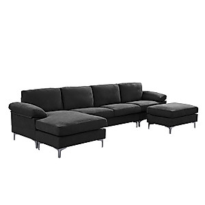 Verfur 5 Seats Convertible Sectional Sofa with Extra Wide Reversible Chaise and Movable Ottoman, U Shaped Symmetrical Modular Corner Couch Living Room Furniture Sets for Home Office, Black 128.3"