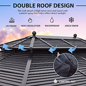 YOLENY 12' x 16' Hardtop Gazebo Metal Gazebo with Faux Wood Grain Aluminum Frame, Galvanized Steel Double Roof, Outdoor Patio Gazebo Pergolas with Netting and Curtains for Backyard, Patio, Lawns