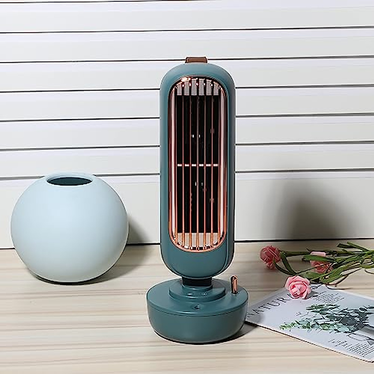 Pssopp Table Fans,Desk Fan, Bladeless Mute Desktop Spraying Fans with USB Charging Portable Mini Vintage Tower Shape Humidification Table Fan for Office Home (Green)