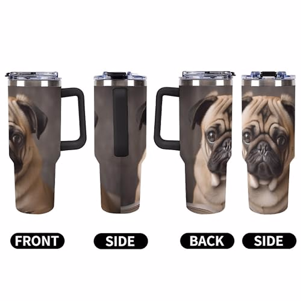 YTLKGFP 40 Oz Large Capacity Car Cup Animal Pug Dog Tumbler with Handle (Black) Straw Lid Insulated Stainless Steel Water Bottle Travel Mug Leak-proof Car Cup Keeps Cold Or Hot