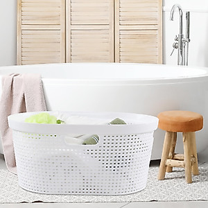 Haodehen Set of 4 Laundry Baskets, 40 L Plastic Storage Hamper with Cut-Out Handles, White