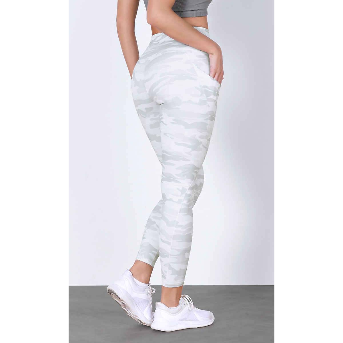 ODODOS Women's High Waisted 7/8 Yoga Leggings with Pockets, 25" Inseam Tummy Control Non See Through Workout Athletic Running Yoga Pants, White Camo, Medium