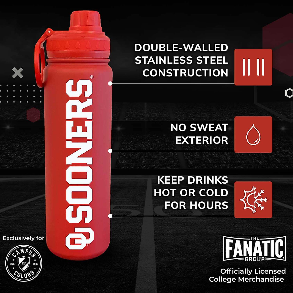 Campus Colors NCAA Stainless Steel Water Bottle - Twist on cap - 24 oz - Carry Clip - Keeps Your Drinks Hot or Cold for Hours (Oklahoma Sooners - Crimson)