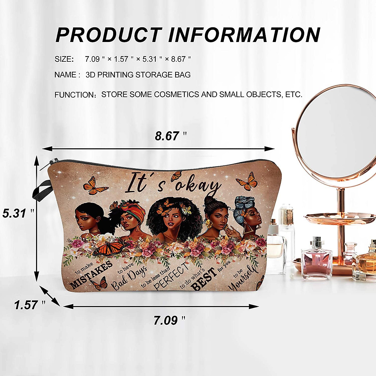 African American Makeup Bag for Purse Afro Black Cosmetic Bags for Women Inspirational Gift Small Funny Cosmetics Pouch Travel Bag Cases for Toiletries Accessories Organizer