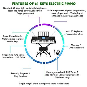 Technical Pro 61 Keys Electric Piano Learning Keyboard Bundle with Seat, Stand and Mic, 3x Learning Mode, Built In Speaker Headphone, LCD Display, LED Lights, Seat/Stand Included, USB, Wired Mic