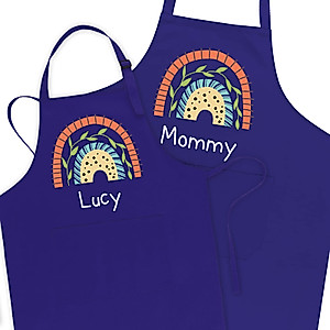 Party-rainday Customized 2 Pack Parent-Child Aprons, Matching Family Apron Set, Adjustable Father Son Mummy Daughter Cooking Apron, Rainbow Chef Bib Aprons with Pockets(Blue)