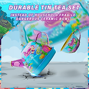 48PCS Tea Party Set for Little Girls - Princess Tea Time Mermaid Theme Tin Tea Set, Role-Playing Teapot Dessert Carrying Box for Girls Ages 3+ Party Gifts, Kitchen Pretend Play, Table-Manner Learning