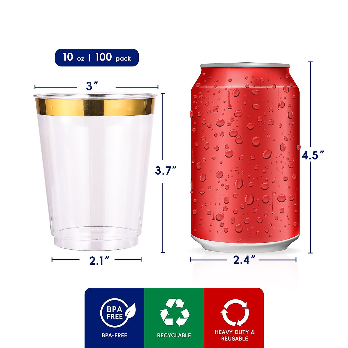 JOLLY CHEF 100 Pack 10 oz Gold Plastic Cups, Clear Plastic Glasses Tumblers, Elegant Gold Rimmed Disposable Cups Perfect for Weddings, Thanksgiving Day, Christmas