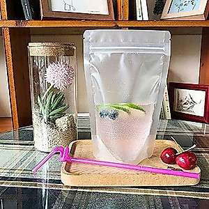 BESOKUSE Drink Pouches for Adults,Drink Pouches with Straws,Stand-Up Juice Pouches Clear Reusable Smoothie Pouch Bag(50PCS)