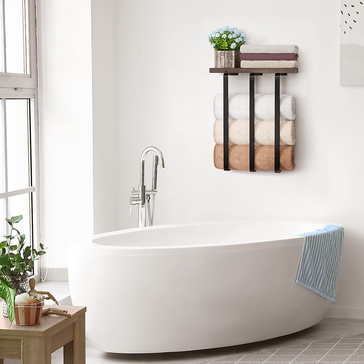 Lorbro Paper Towel Holder with Shelf, Towel Racks for Bathroom, Wall Mounted Towel Rack 3 Bar, Bathroom Towel Storage with Wooden Shelf, Bath Towel Holder for Bath Organizer Decor, RV, Wall Tow