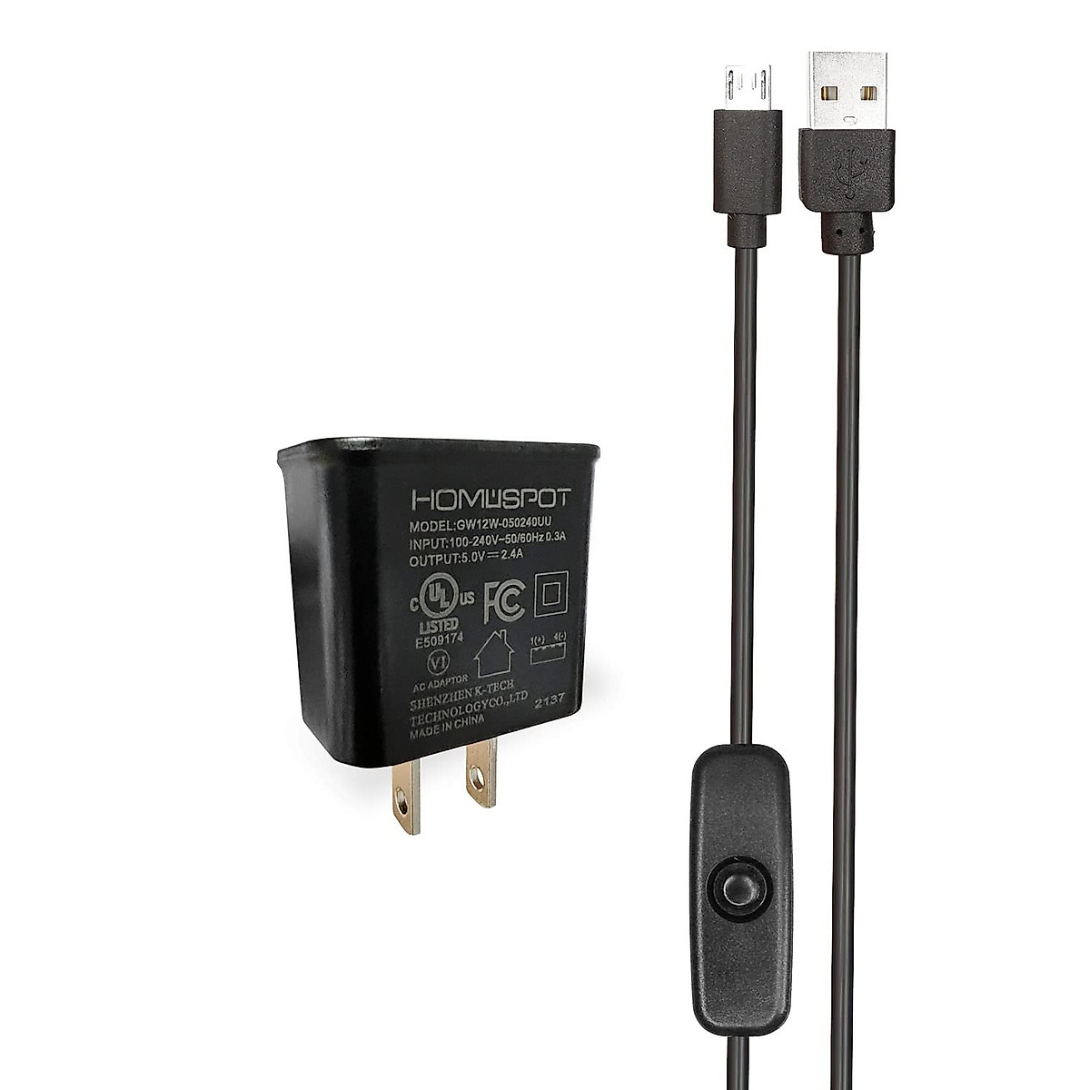 HomeSpot 5V 2.4A Power Supply/Adapter/Charger (UL Listed) with 5ft Long Micro USB Cable with On Off Switch Button for Raspberry Pi Arduino