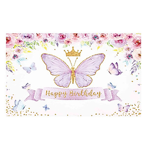 Funnytree Happy Birthday Butterfly Party Backdrop Purple Baby Girls Princess Pink Rose Floral Gold Photography Background Kids Sweet Cake Table Banner Decor Supplies