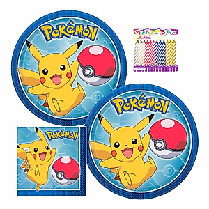 Pokémon Party Supplies Pack Serves 16: 7" Plates and Beverage Napkins with Birthday Candles (Bundle for16)