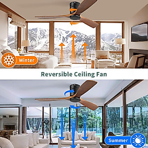 Sofucor 52 Inch Low Profile Ceiling Fan 3 Carved Wood Fan Blade Noiseless Reversible DC Motor Remote Control Without Light Flush Mount Farmhouse Ceiling Fan No Light for Low Ceiling