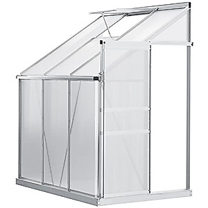 Outsunny 6' x 4' Aluminum Lean-to Greenhouse Polycarbonate Walk-in Garden Greenhouse with Adjustable Roof Vent, Rain Gutter and Sliding Door for Winter, Clear