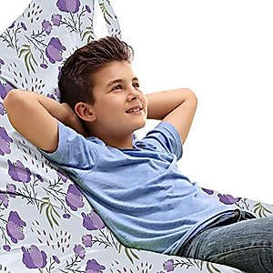 Lunarable Spring Lounger Chair Bag, Pattern with Purple Poppy Flowers and Leaves Gentle Feminine, High Capacity Storage with Handle Container, Lounger Size, Pale Blue Violet