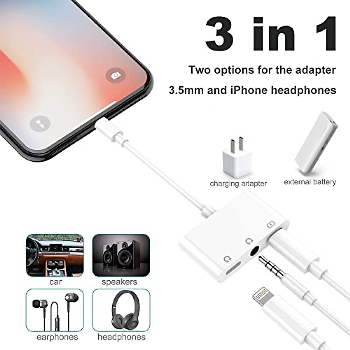 8ware Lightning to Headphone Adapter 3.5mm Jack Headphone Adapter 3 in 1 Earphone and Charging Splitter for iPhone 13/12/11/SE/XS/XR/X/8/7 and iPad