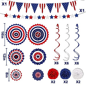 Bunny Chorus 4th of July Decorations Set 32pcs, Red White Blue Independence Day Patriotic Decorations, Large Paper Fans, Pom Poms, USA Flag Pennant Banner, Star Streamer Decor for Memorial Day