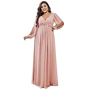 Ever-Pretty Plus Women's Maxi Deep V Neck Long Sleeves Formal Evening Dress Plus Size Pink US14