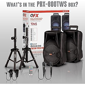 QFX PBX-800TWS 8-Inch TWS Bluetooth Stereo PA System with 2 8" Speakers, 2 Microphones, 2 Stands, and a Remote Control
