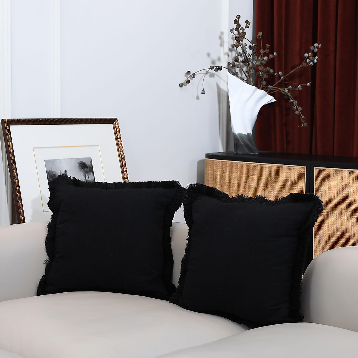 Black Linen Fringed Throw Pillow Cover 18x18 Inches Farmhouse Couch Pillows Cover for Bed Set of 2 Modern Neutral Decorative Throw Pillow Cases