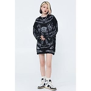 Gothic Sweater Dark Sweater Harajuku Sweater Sportswear Casual Trend Head Print Thermal Sweater Street Hip Hop (Black,M,Medium)