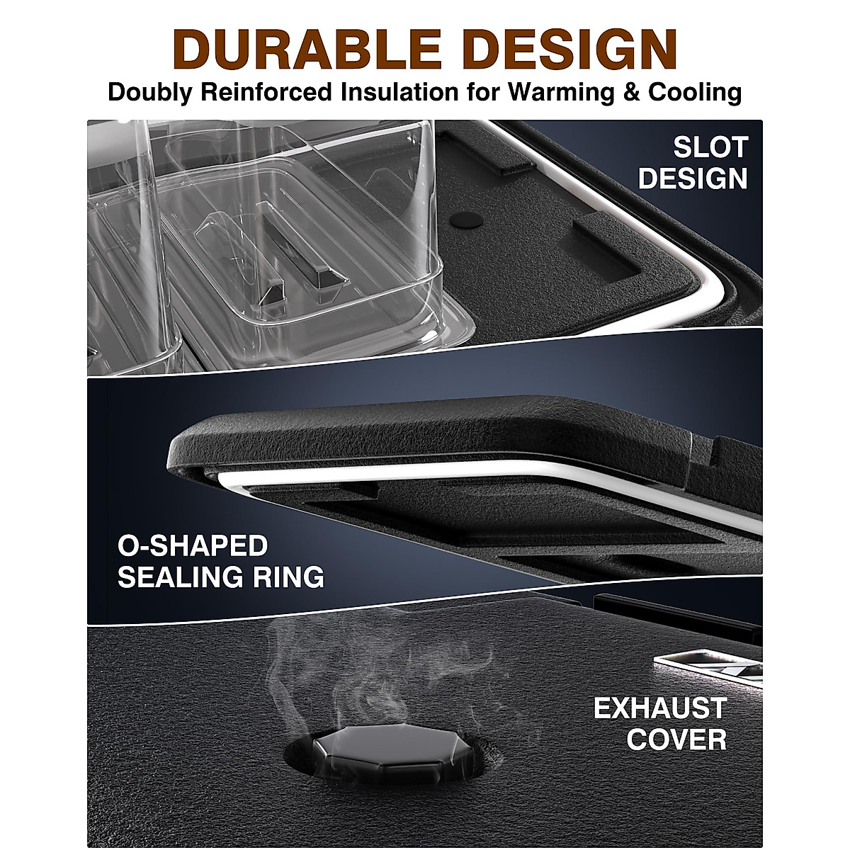 PYY Insulated Food Pan Carrier - 36QT Hot Box Food Warmer Box Stackable Top Load LLDPE Commercial Food Warmers with Three 1/3 Size PC Food Pans 4 Buckles for Restaurant Canteen Buffet Party Black