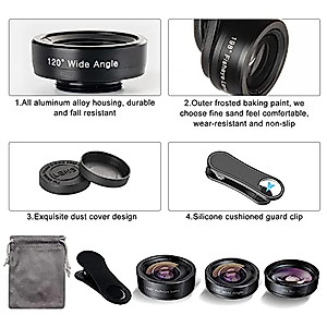 Phone Camera Lens 3-in-1 Kit :120° Supe Wide Angle +198° fisheye Lens+ 20x Macro Lens for iPhone Samsung Android & Most Smartphone，HD Phone Lens Kit