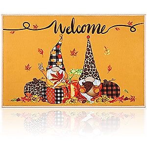 Nuanchu Thanksgiving Welcome Doormat Gnome Fall Rug Leaf Pumpkin Entrance Rug Fall Nonslip Washable Sunflower Pumpkin Floor Mat 24 x 16 Inch for Indoor Outdoor Kitchen Bathroom Decor