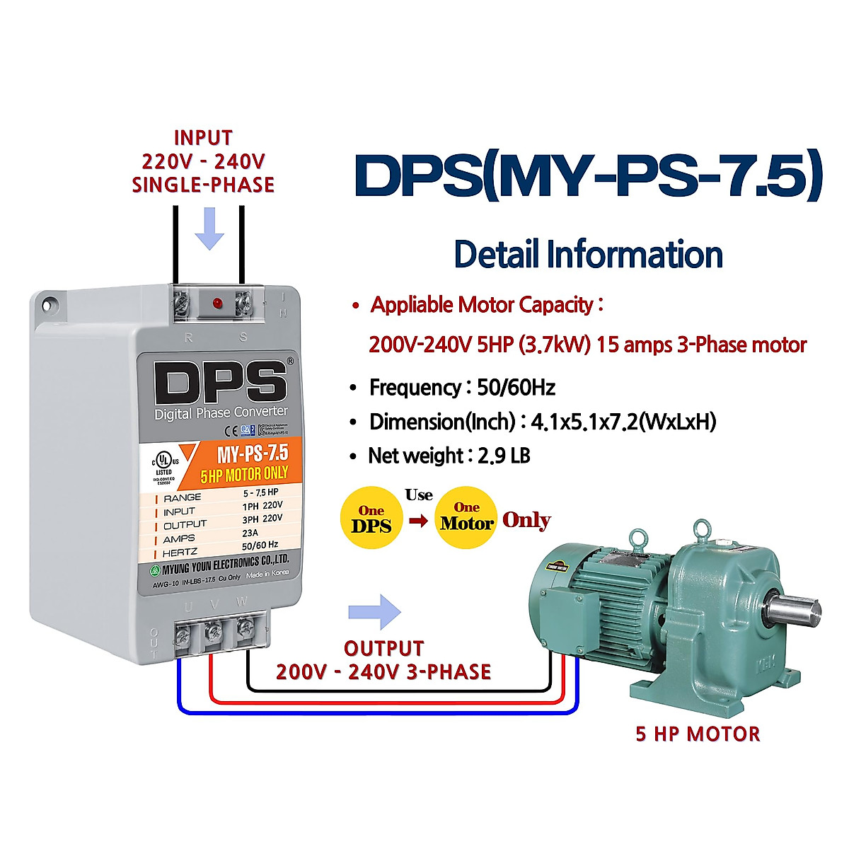 DPS Single-Phase to 3-Phase Converter, My-PS-7.5 Model Must Be Only Used on 5HP(3.7kW) 15 Amps 200-240V 3-Phase Motor, One Must Be Used on One Motor Only, Input/Output 200V-240V, Digital Type