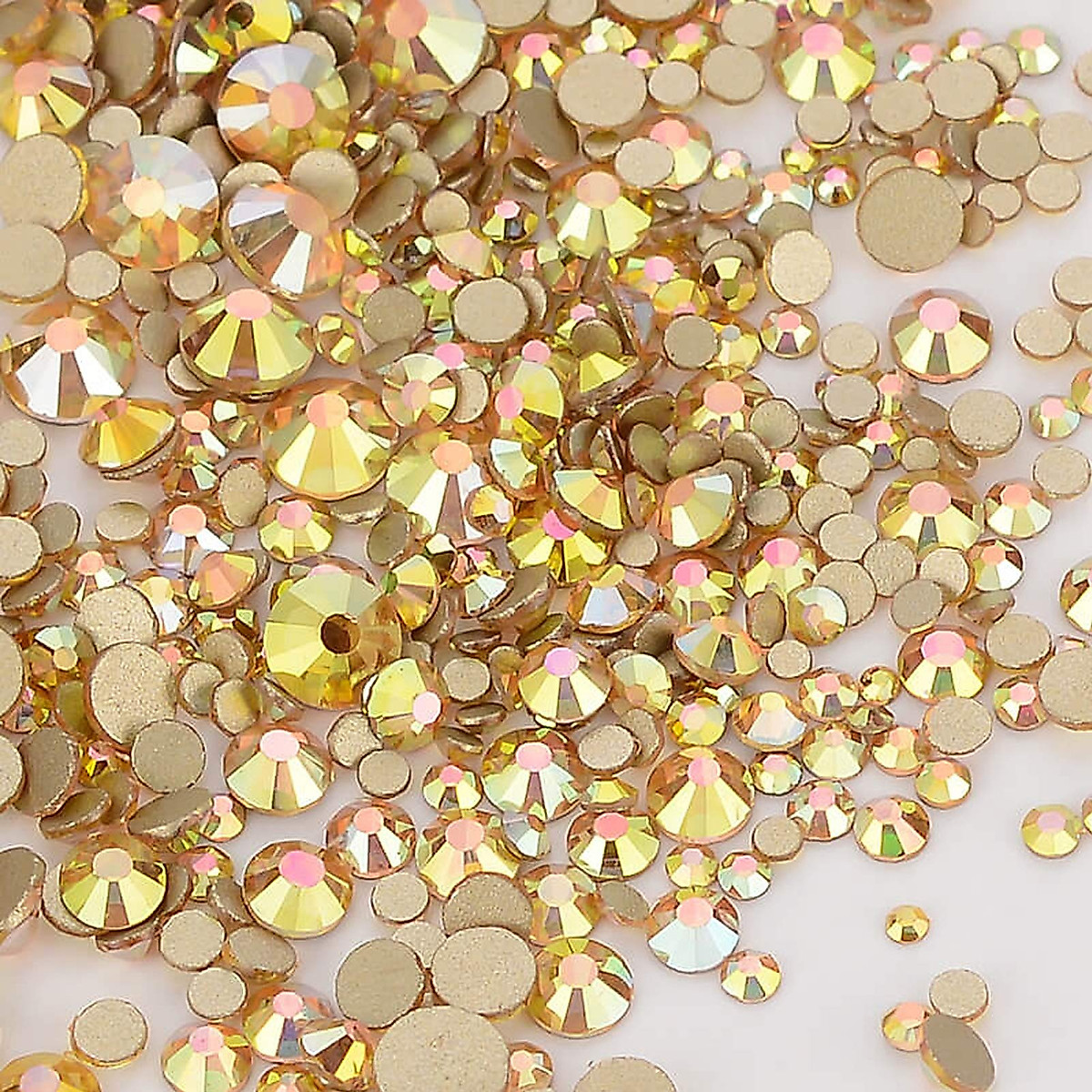 Dowarm 2650 Pieces Glue Fix Glass Flat Back Crystal Rhinestones Round Gems, 6 Sizes 1.5mm - 6.5mm, Non Hotfix Flatback Crystals Loose Gemstones for Crafts Nail Face Art Clothes (Metal Sunlight/Gold)